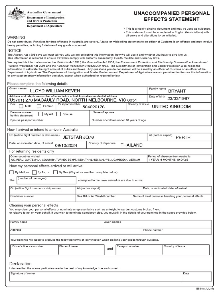 Australian Customs Form B534 | PDF | Customs | Egg