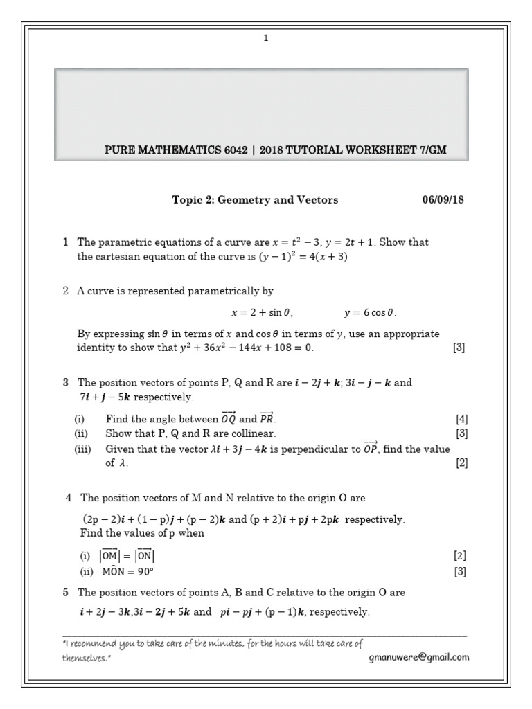 L6 Tutorial 7 Geometry and Vectors | PDF | Euclidean Vector | Equations