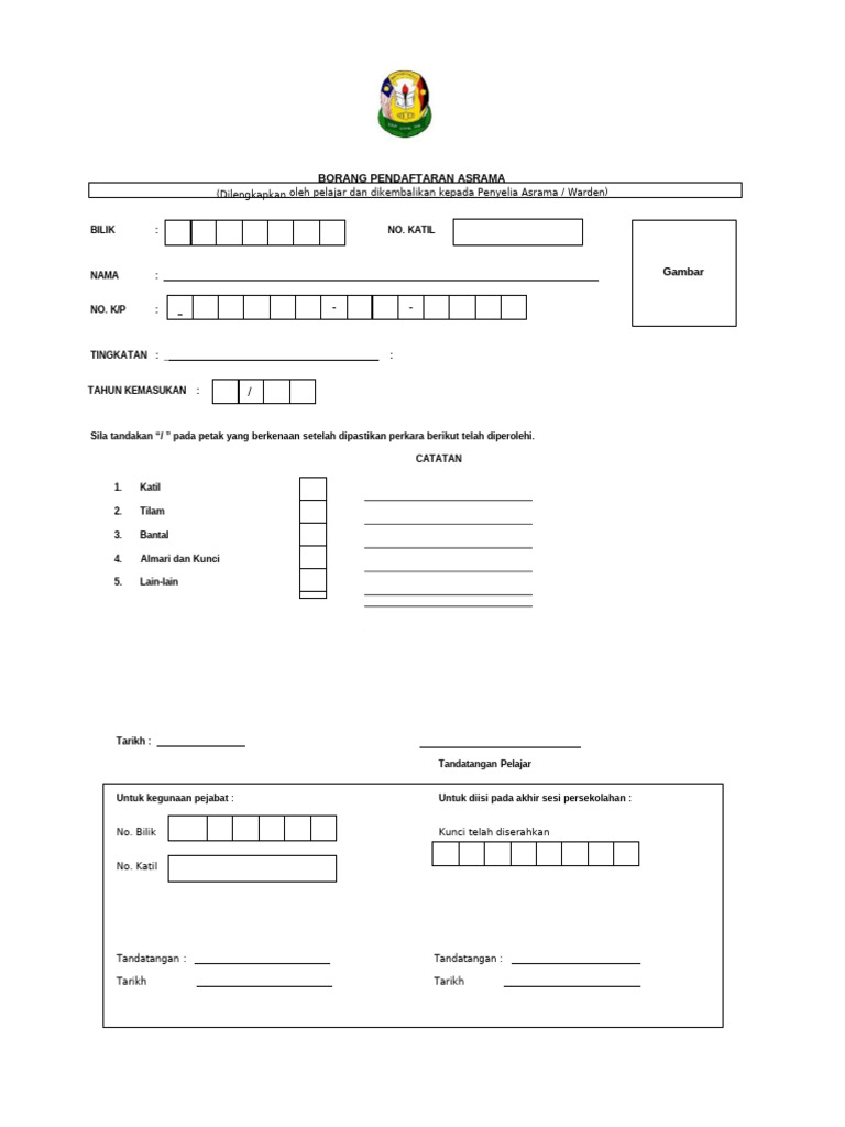 Borang Pendaftaran Asrama | PDF