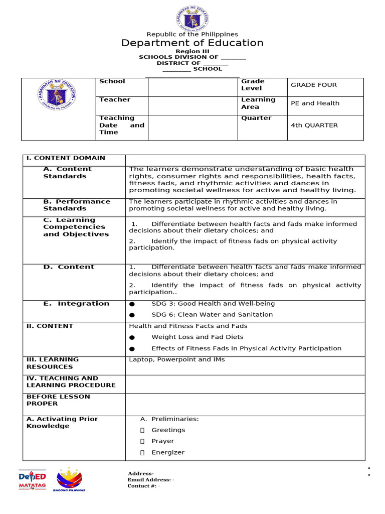 Grade 4 Health and Fitness Lesson Plan | PDF | Weight Loss | Learning