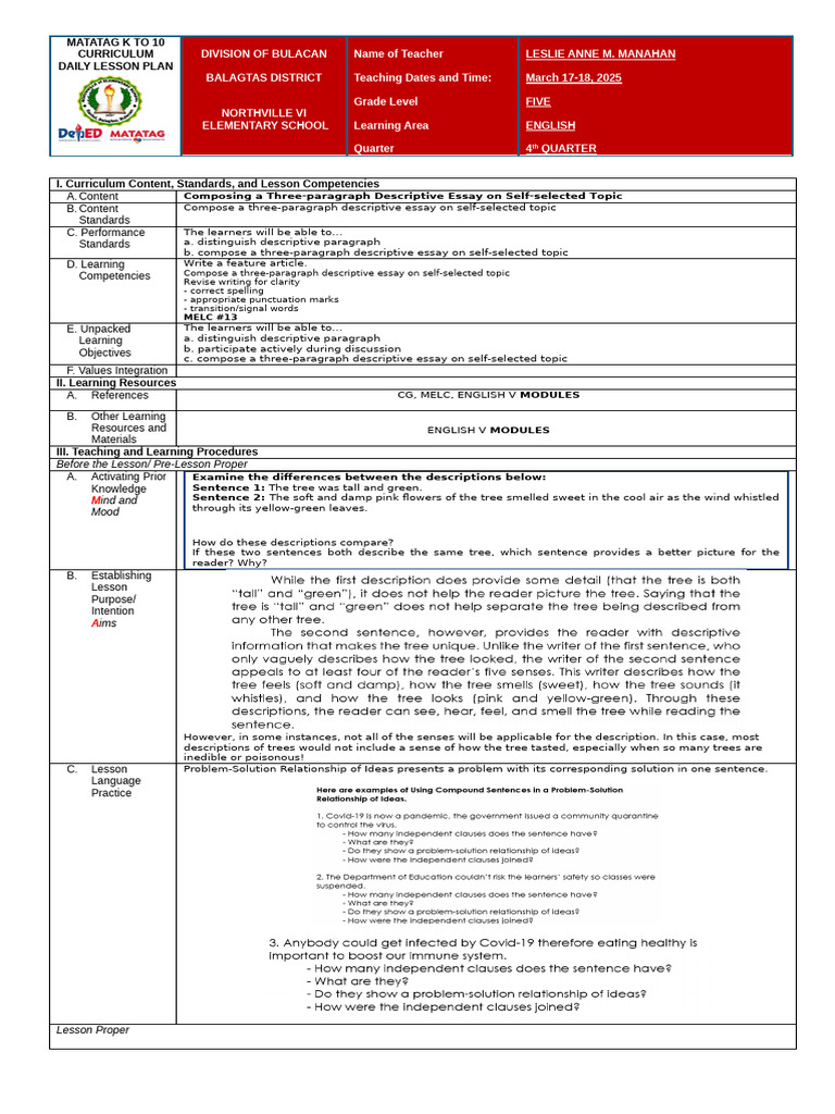 Matatag Daily Lesson Plan English Grade 5 Q4 Week6 | PDF | Learning | Curriculum