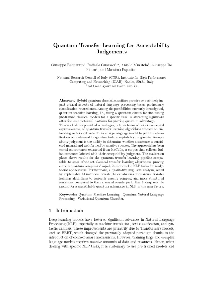 Quantum Transfer Learning For Acceptability Judgements | PDF | Quantum Computing | Machine Learning