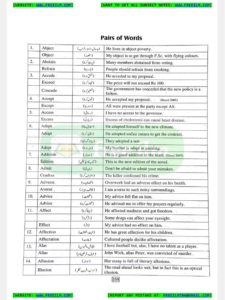 11th English Pair of Words | PDF