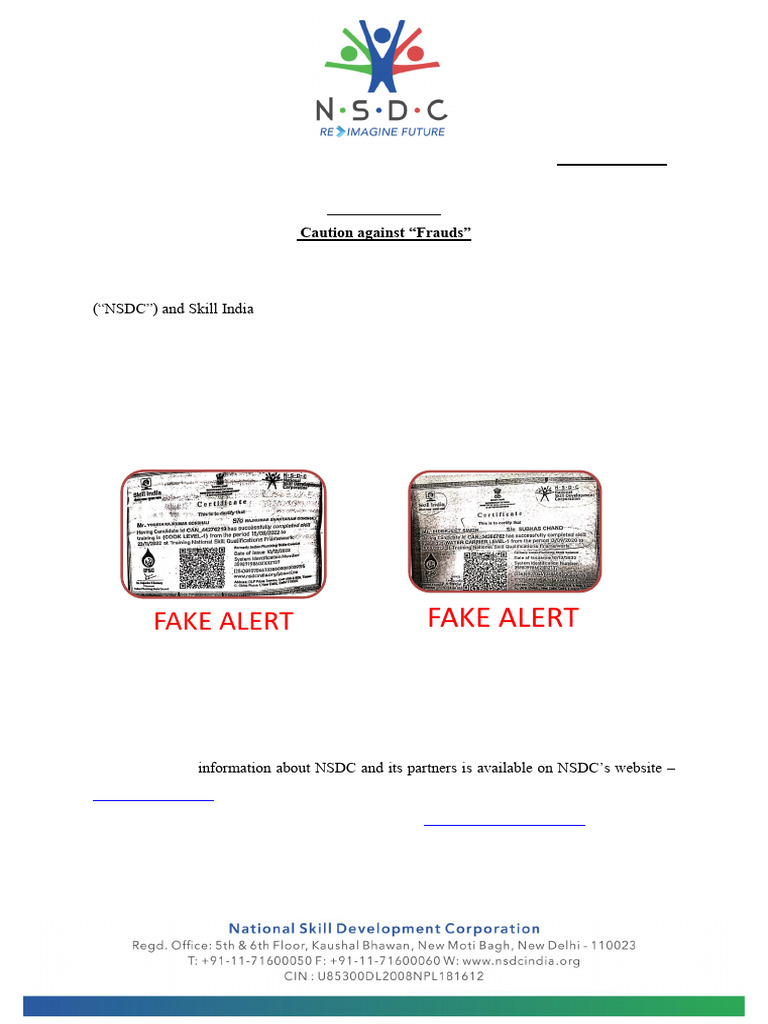 NSDC Warns Against Fake Certificates | PDF