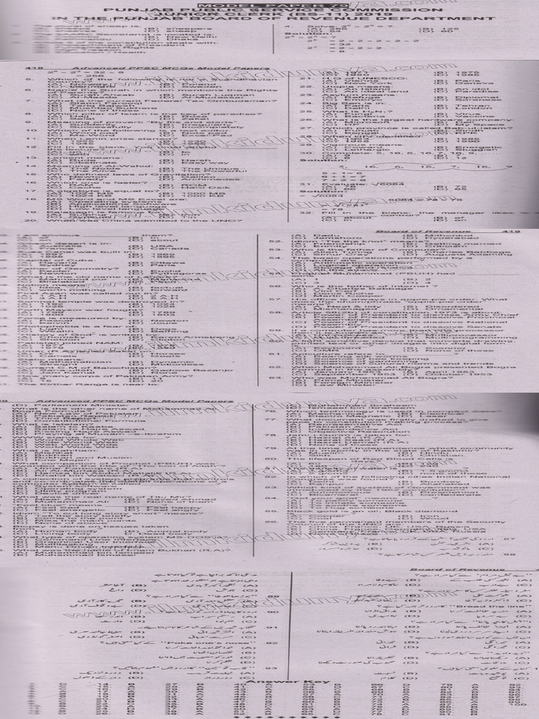 Past Paper 2019 PPSC Board of Revenue Department Junior Clerk Bs 11 ...