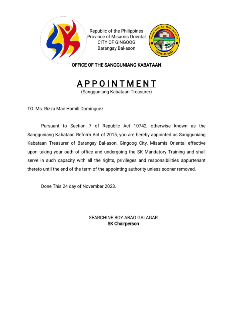 Appointed SK Secretary and Treasurer | PDF