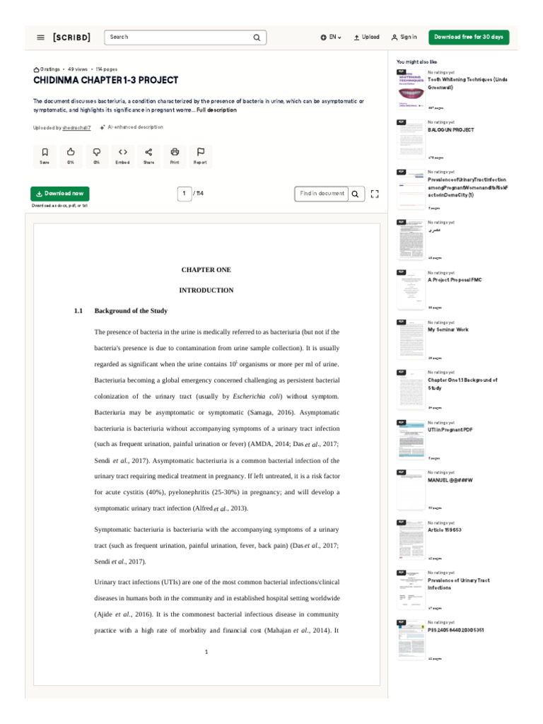 Www Scribd Com Document 835249531 Chidinma Chapter 1 3 Project | PDF | Urinary Tract Infection ...