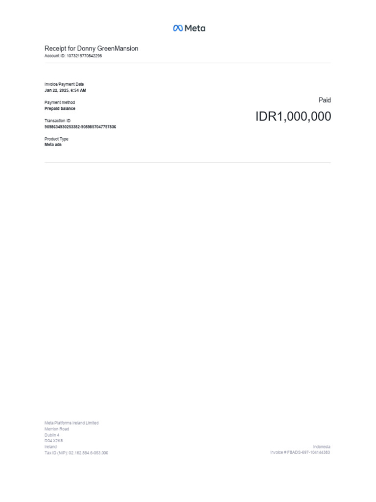 Meta Ads Payment Receipt for Donny Green | PDF
