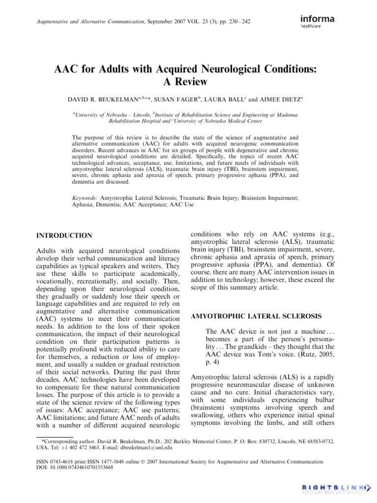 AAC for Adults with Neurological Disorders | PDF | Aphasia | Traumatic ...