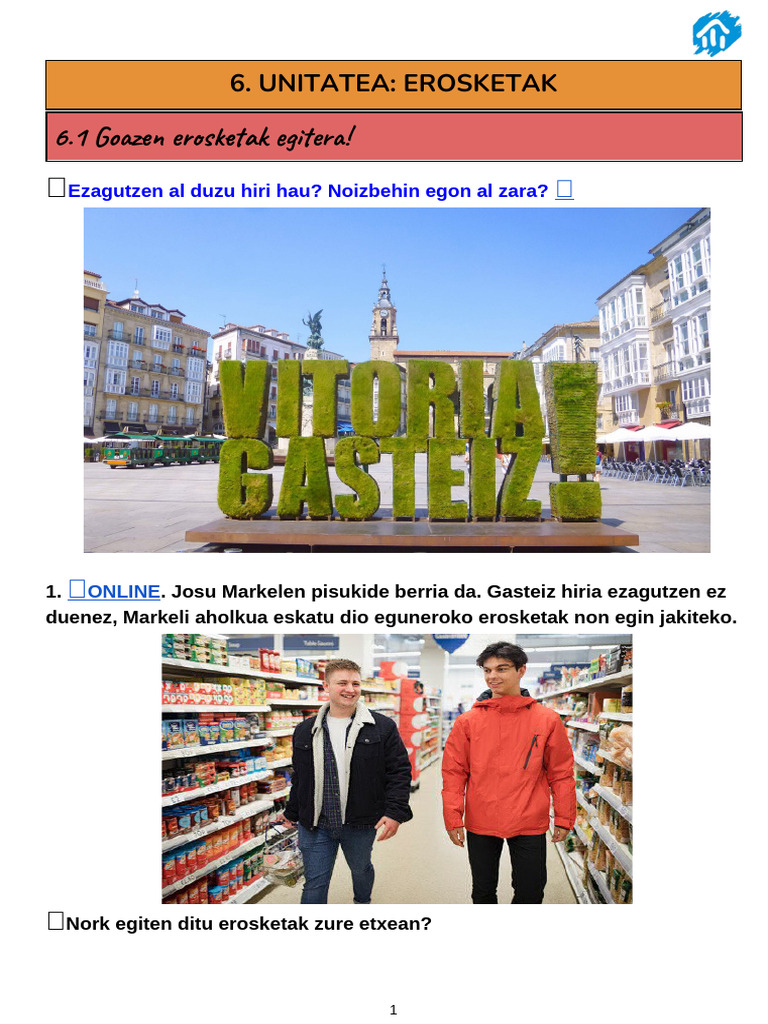 Euskera 6.1 Gaia. Erosketak | PDF