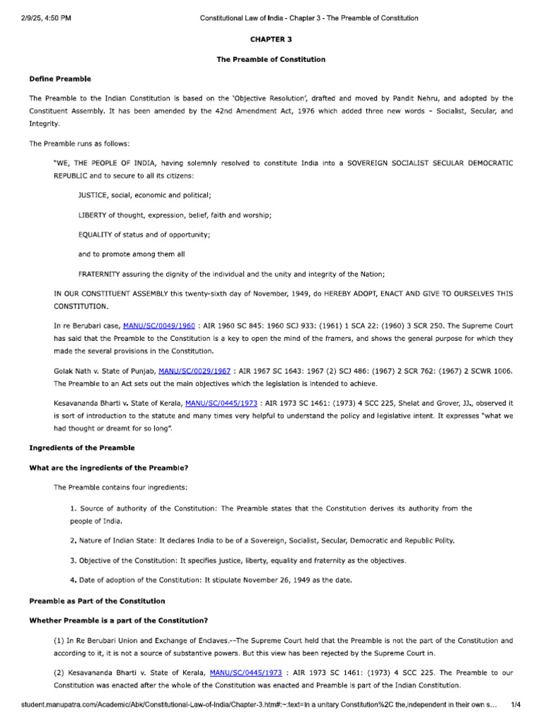 Preamble of Indian Consti With Explanation Manu | PDF