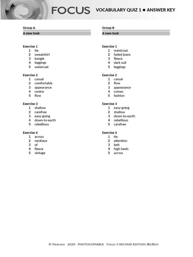 Focus3 2E Vocabulary Quiz Unit1 GroupA B ANSWERS | PDF