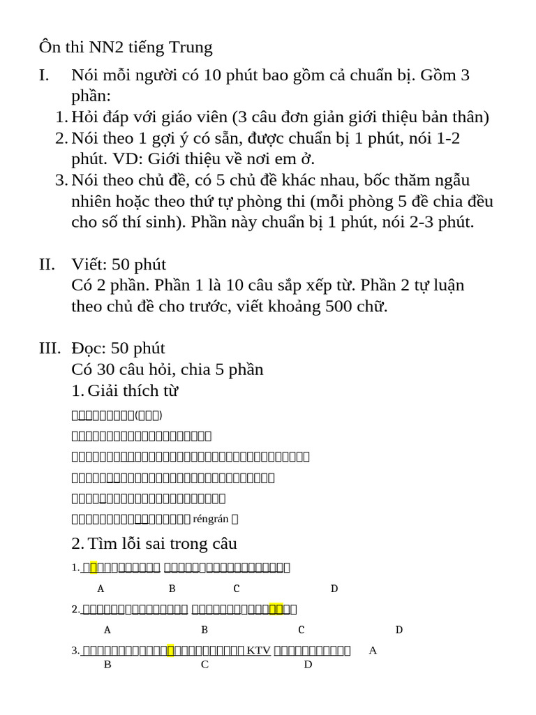 Ôn thi NN2 tiếng Trung Nói Viết Đọc | PDF