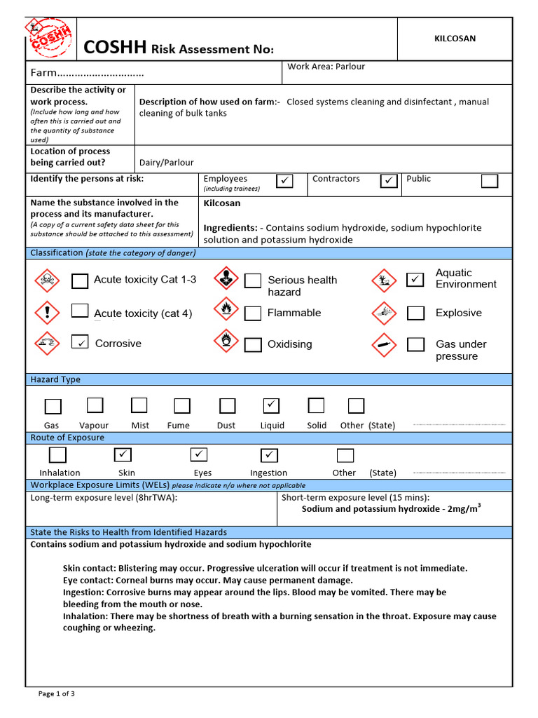 COSHH_Assessment_Kilcosan | PDF | Personal Protective Equipment | Toxicity