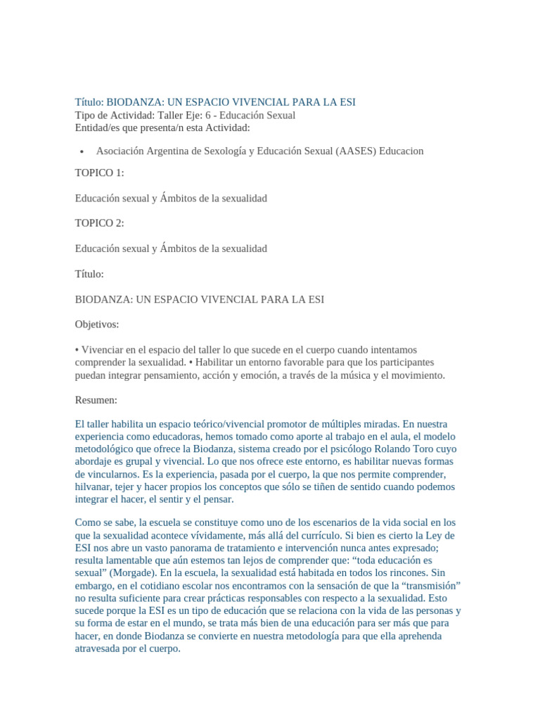 Taller Biodanza Un Espacio Vivencial para Lla ESI | PDF | Educación sexual | Experiencia
