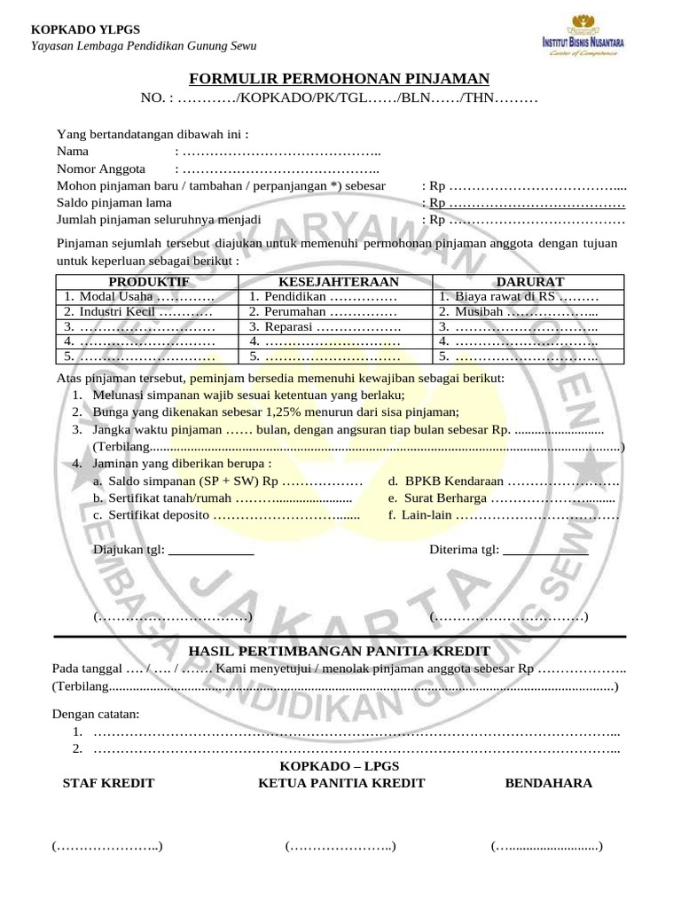 Formulir Permohonan Pinjaman Kopkado Lpgs | PDF