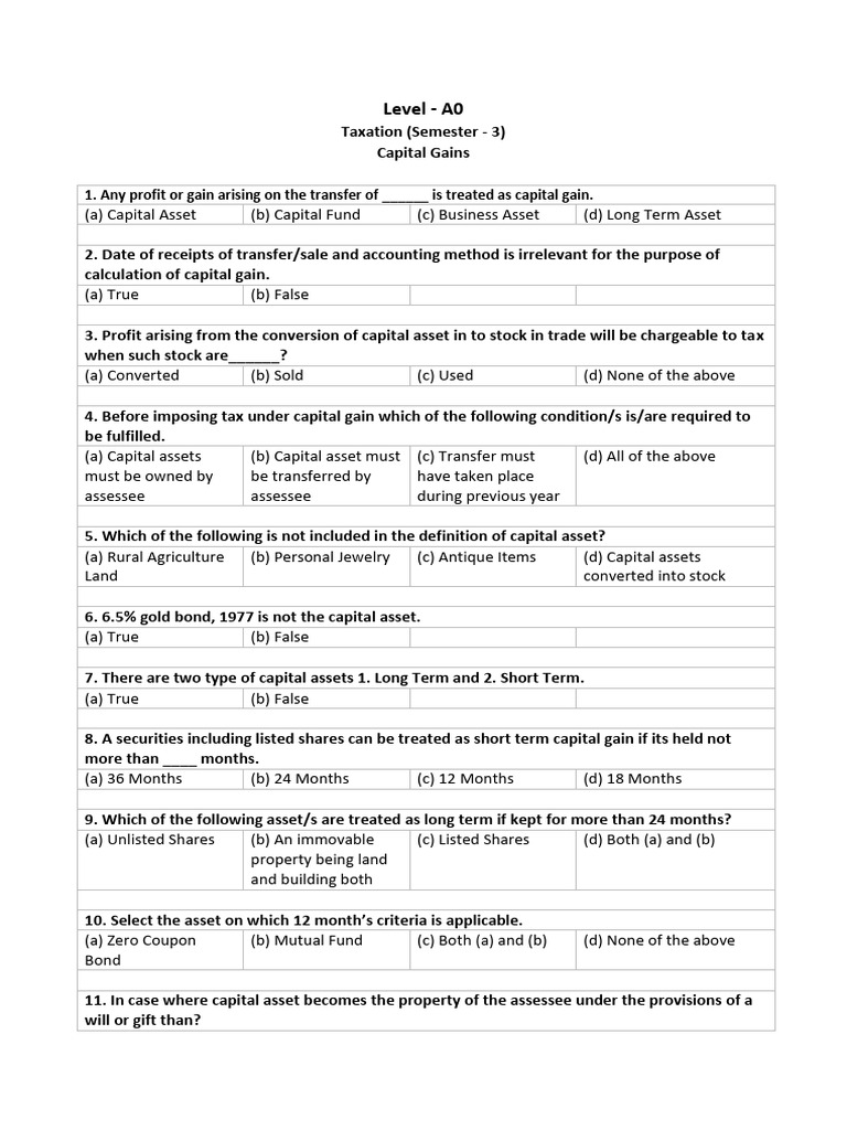 Capital Gains - Taxation MCQs | PDF | Capital Gain | Financial Accounting