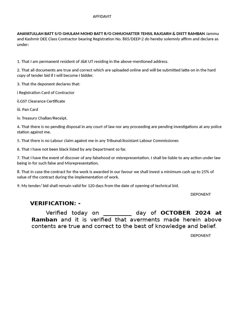 Affidavit For Contractor Per Year | PDF