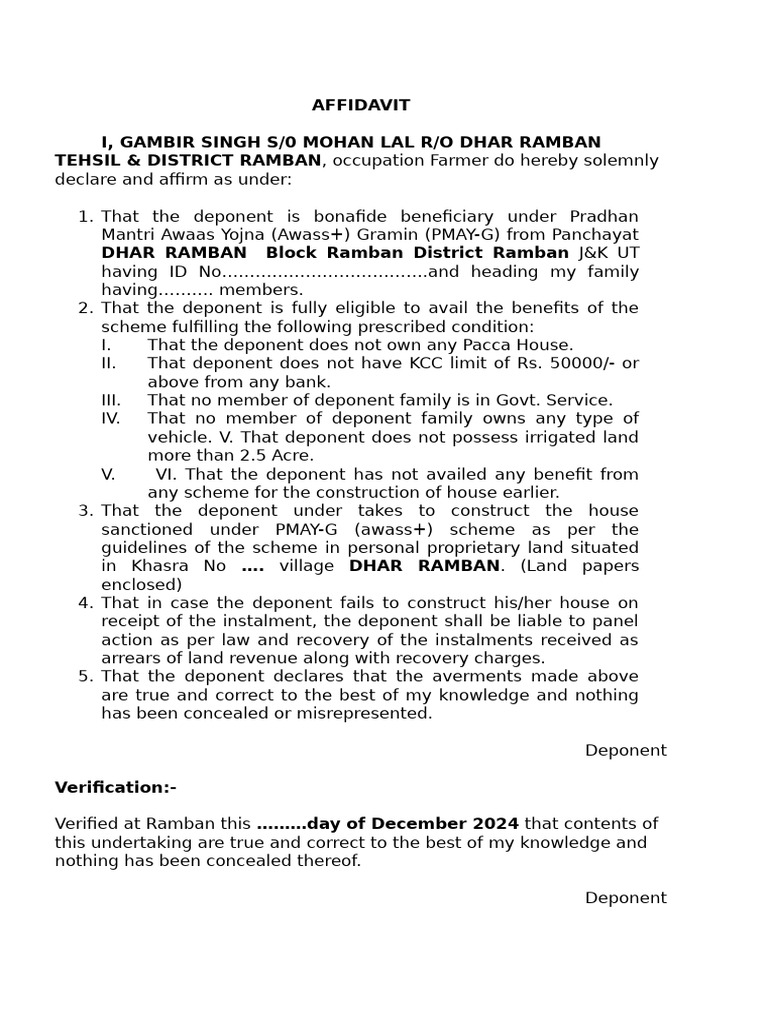 PMAY Affidavit Format for Beneficiaries | PDF