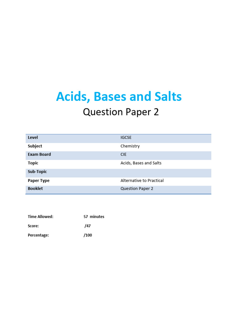 12.2 Acids Bases and Salts CIE IGCSE Chemistry Practical QP | PDF | Acid | Sodium