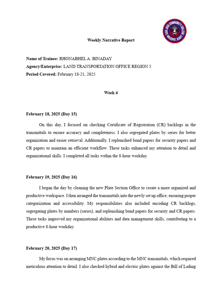 Weekly Report: LTO Region 5 Trainee Tasks | PDF