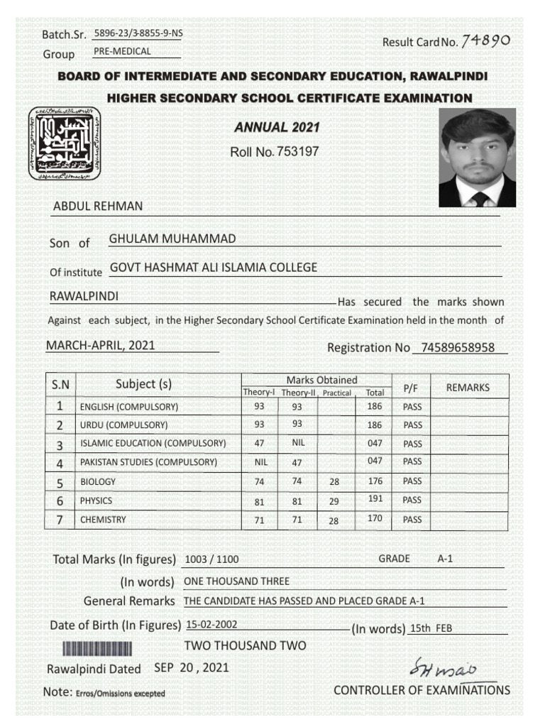 Abdul Rehman Inter Result Card | PDF