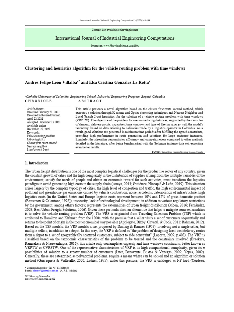 2022 - Clustering and Heuristics Algorithm For The Vehicle Routing Problem With Time Windows ...