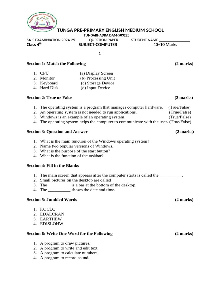 Class 4th SA-2 Computer QP 2024-25 | PDF | Computer File | Operating System