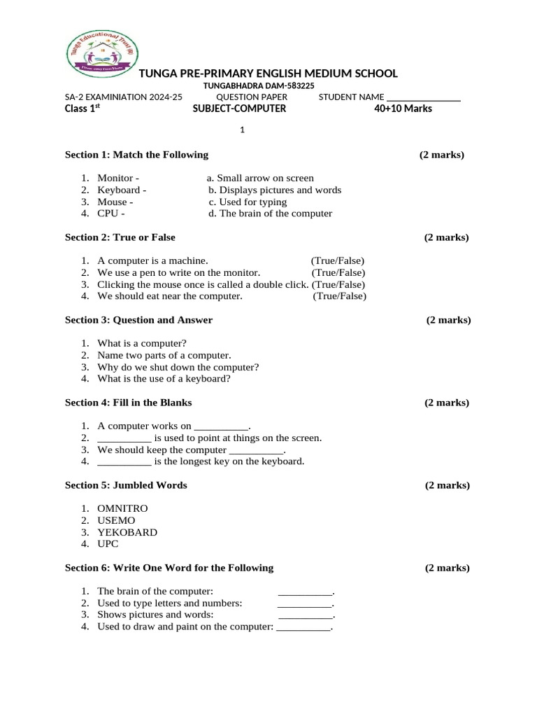 Class 1st SA-2 Computer | PDF | Input/Output | Computer Keyboard