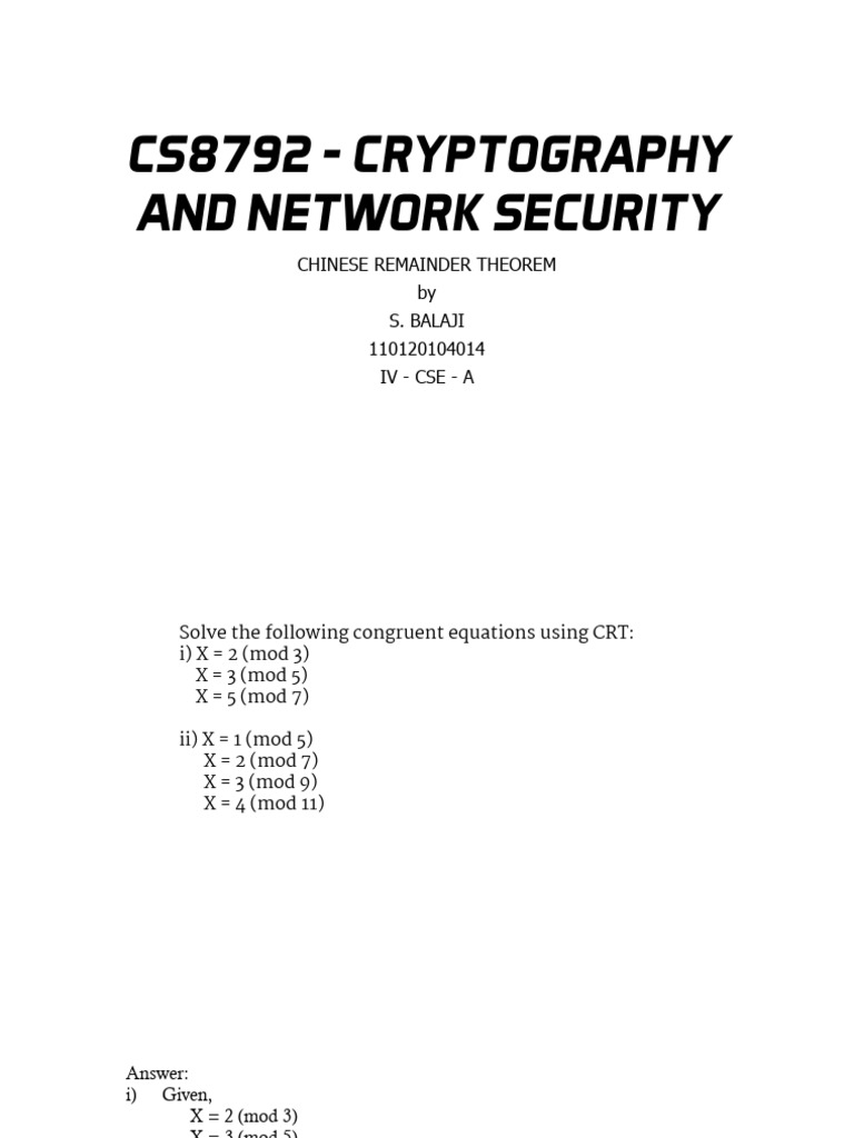 CS8792 - Cryptography and Network Security - Chinese Remainder Theorem | PDF | Mathematics ...