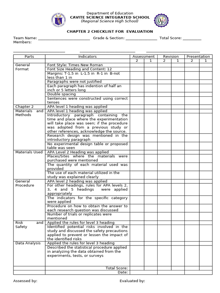 Chapter 2 Checklist For Evaluation 1 | PDF | Paragraph | Risk