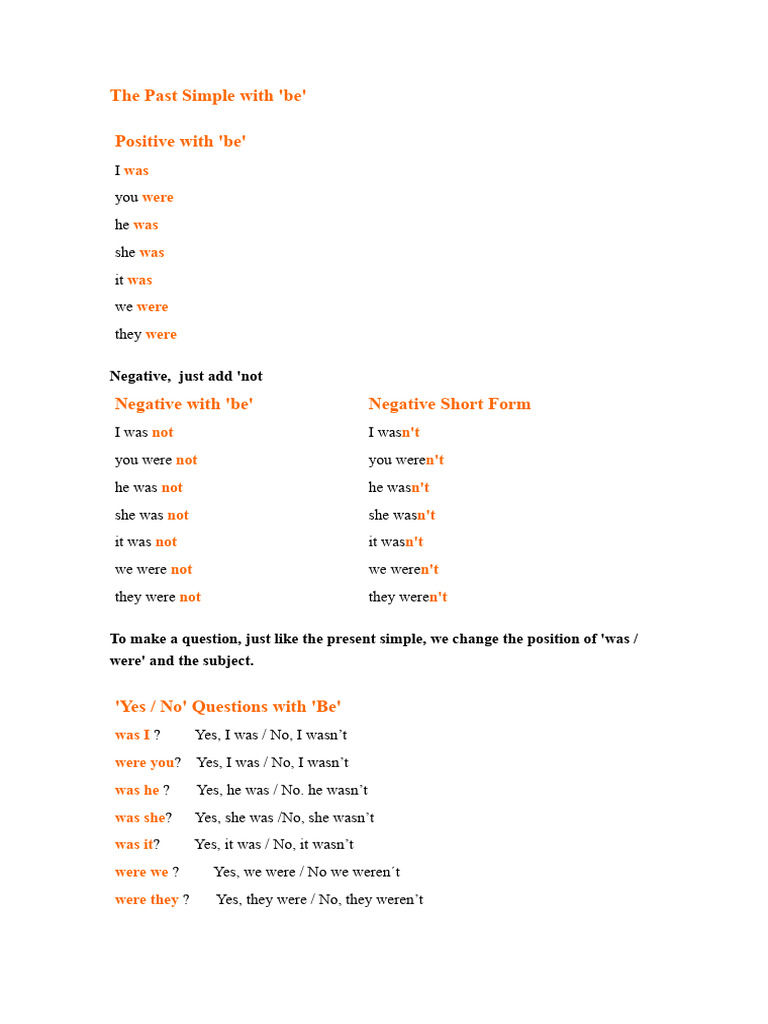 Past Simple 'Be' and Regular Verbs Guide | PDF | Question | Grammar