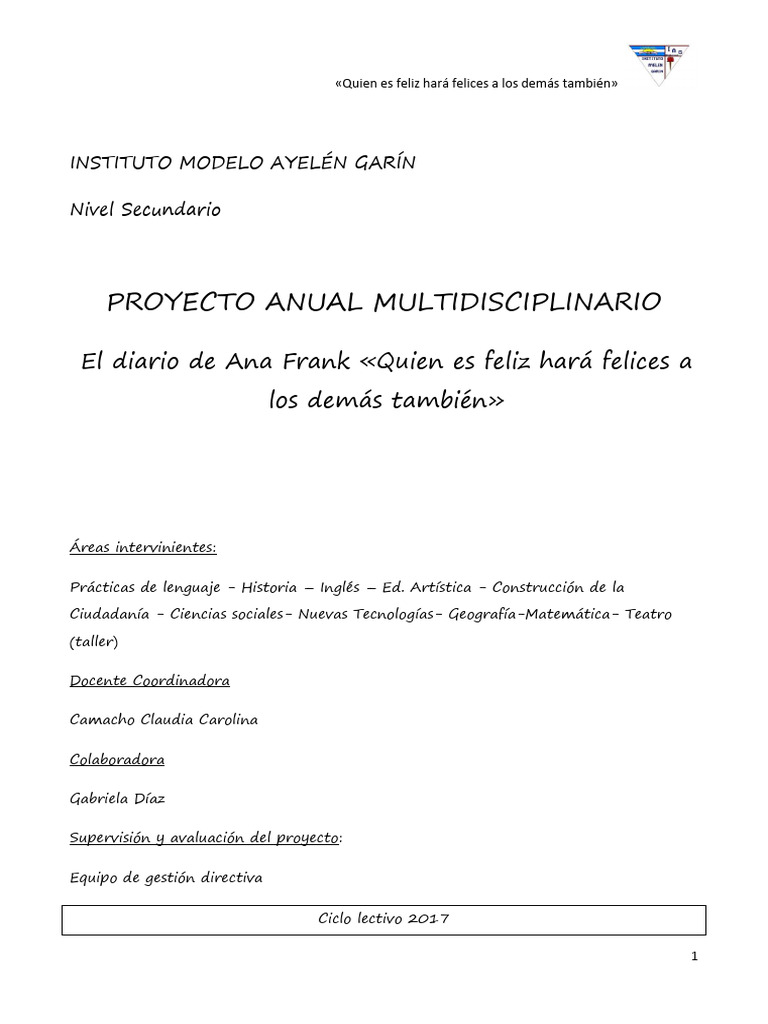 Proyecto Anual Multidisciplinario ANA FRANK | PDF | Anne Frank | Tolerancia