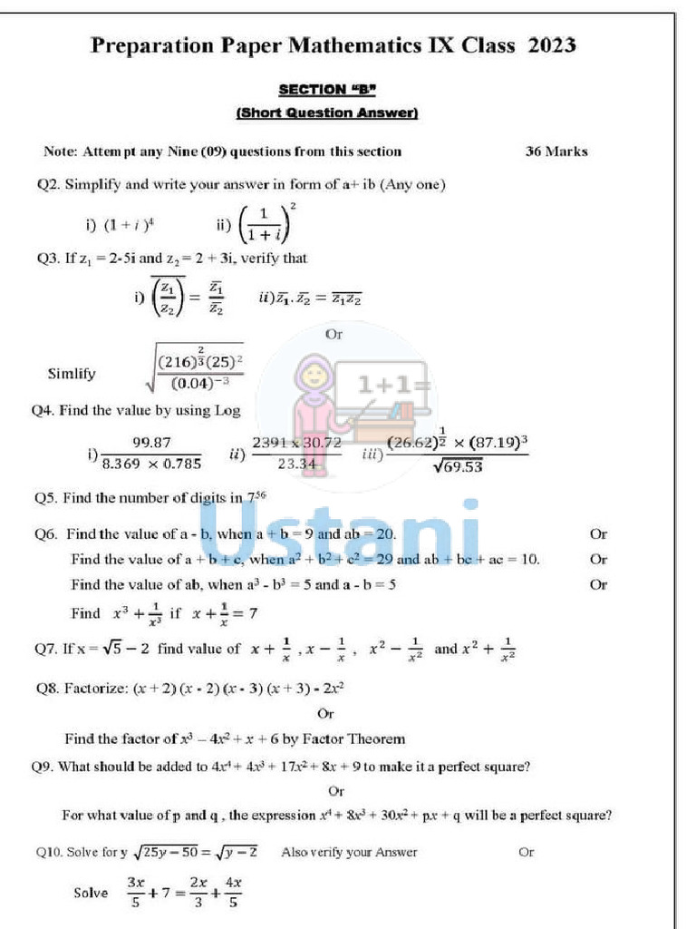 9th Class Mathematics Solved Preparation Paper 2024 by Ustani g | PDF