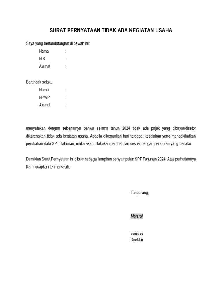 Contoh Surat Pernyataan Tidak Ada Kegiatan Usaha | PDF