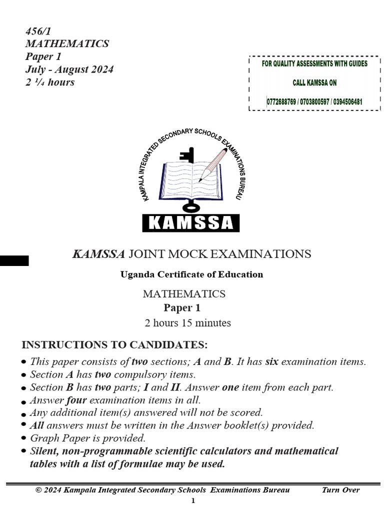 UCE 2024 Mathematics Mock Exam Paper | PDF