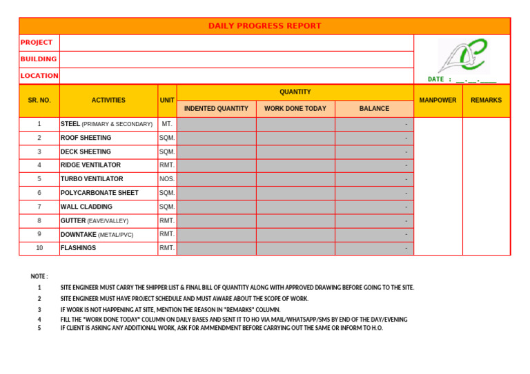 Daily Progress Report. | PDF