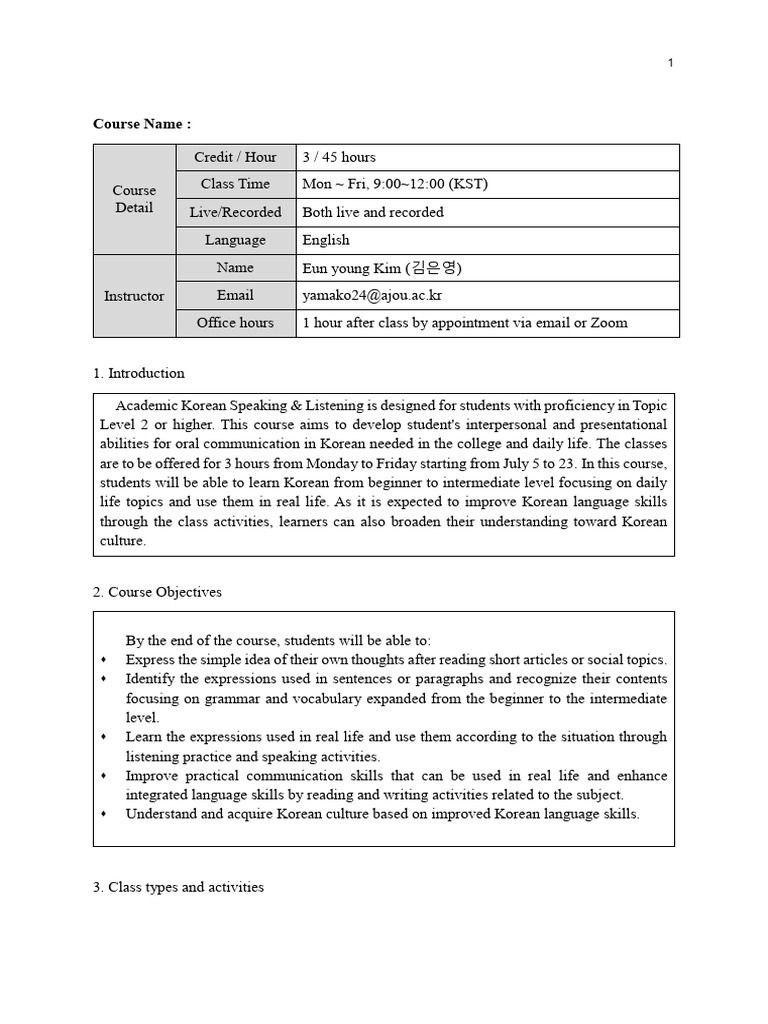 Syllabus Academic Korean Speaking and Listening 1 | PDF | Korean ...