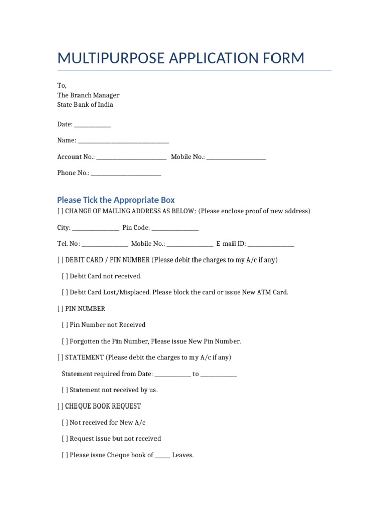 Detailed Multipurpose Bank Form | PDF | Debit Card | Cheque