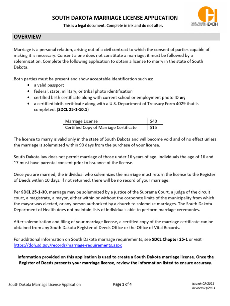 South Dakota Marriage License Application | PDF | Identity Document ...