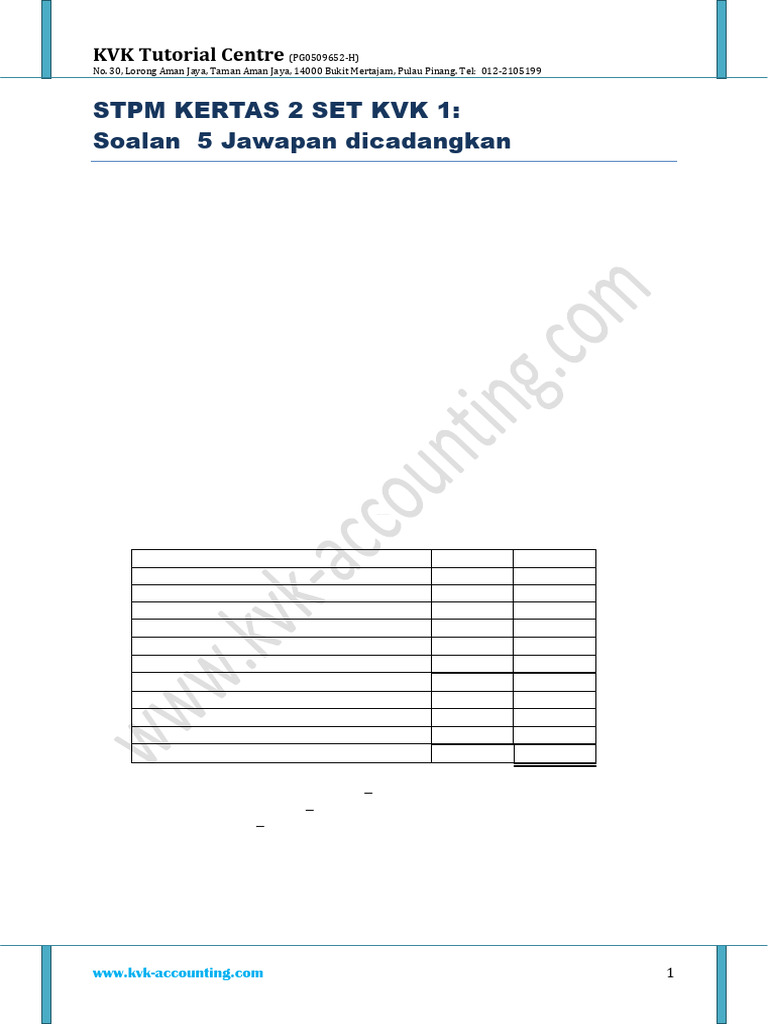 STPM Perakaunan K2 Set KVK 1 Soalan 5 Jawapan | PDF