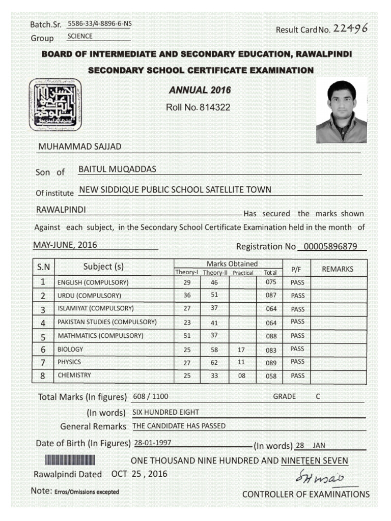 Rawalpindi SSC Exam Result 2016 | PDF