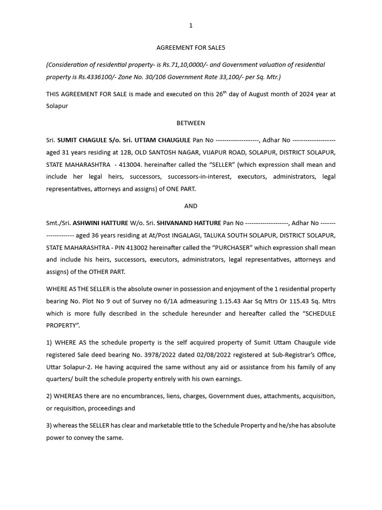 Agreement To Sale Hatture Old | PDF | Deed | Mortgage Law