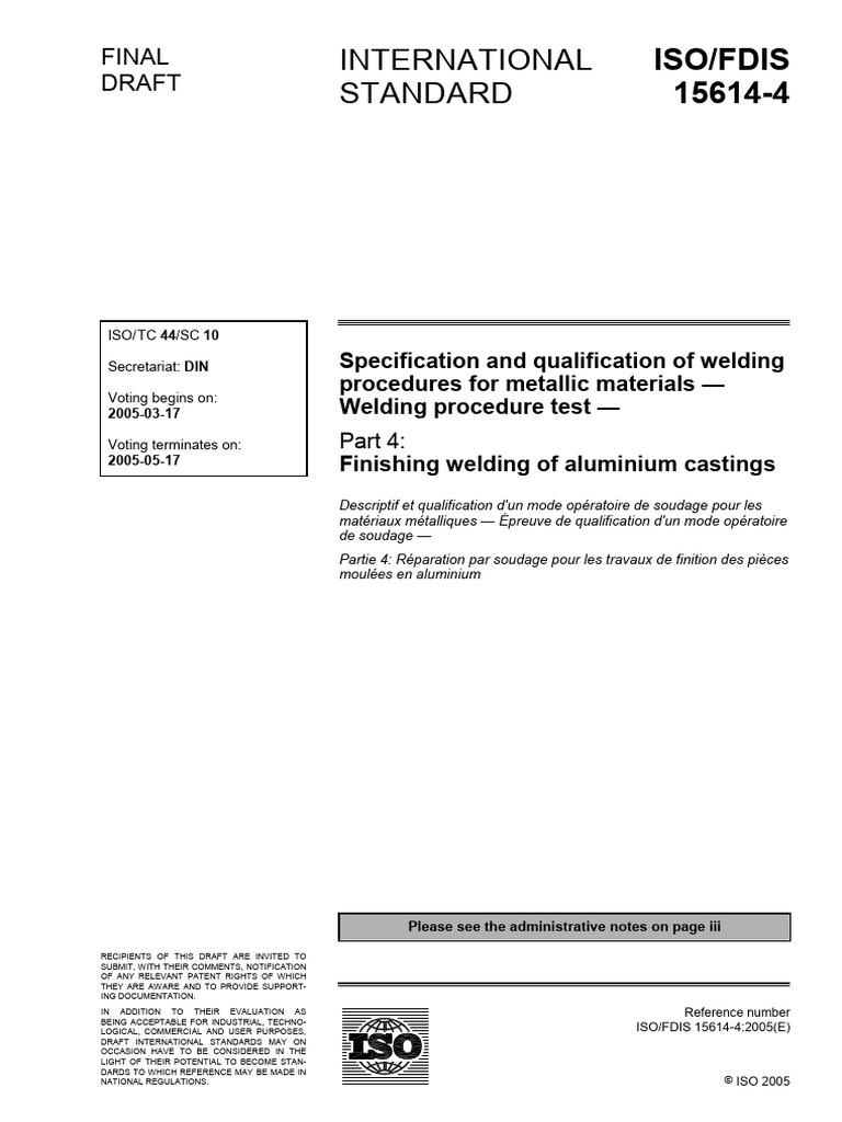 ISO - FDIS - 15614-4 - 2005-03 - Aluminio Castings (E) | PDF | Welding | Construction