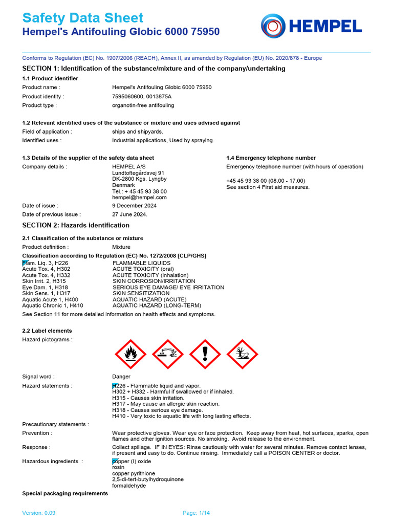 MSDS - Hempel's Antifouling Globic 6000 75950 | PDF | Toxicity | Combustion