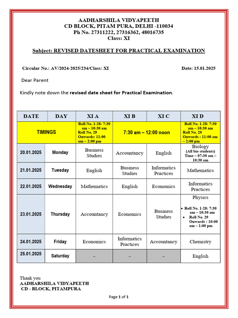 Class XI Practical Exam Datesheet 2025 | PDF