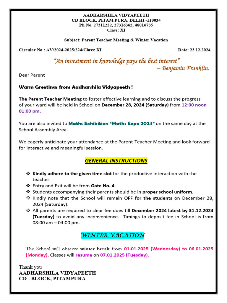 224-Parent Teacher Meeting Circular & Winter Vacation - XI | PDF