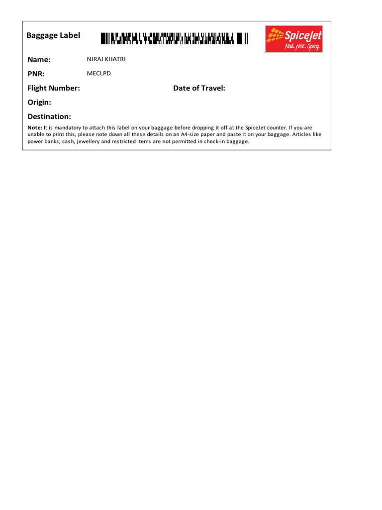 Spicejet Bagaggelabel Meclpd for Mr Niraj Khatri (1) | PDF