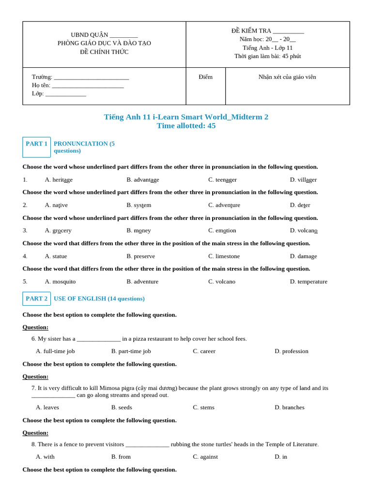 Tiếng Anh 11 i-Learn Smart World - Midterm 2 | PDF | Natural Environment