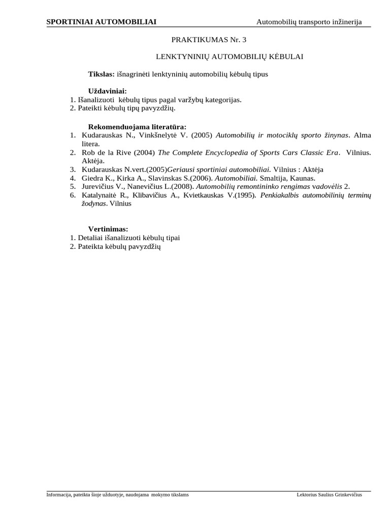 Praktinis Darbas Nr 3 Lenktyninių Automobilių Kėbulai | PDF